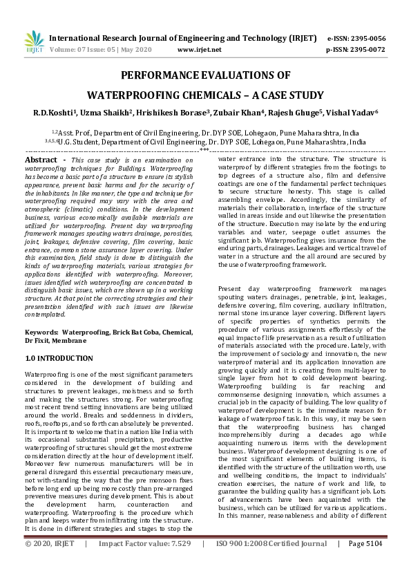 (PDF) IRJET- PERFORMANCE EVALUATIONS OF WATERPROOFING CHEMICALS -A CASE ...