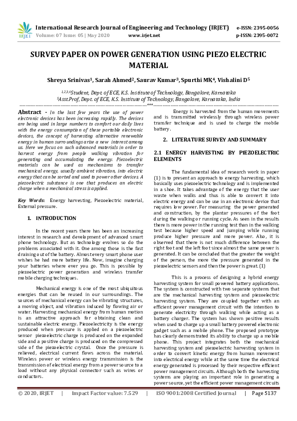 (PDF) IRJET- SURVEY PAPER ON POWER GENERATION USING PIEZO ELECTRIC MATERIAL