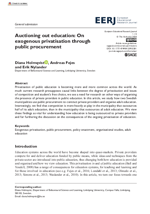 (PDF) Auctioning out education: On exogenous privatisation through ...