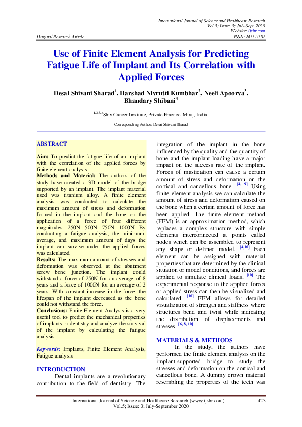 (PDF) Use of Finite Element Analysis for Predicting Fatigue Life of Implant and Its Correlation ...