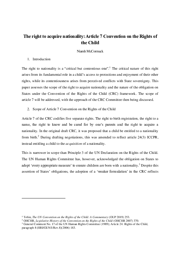 (PDF) The right to acquire nationality: Article 7 Convention on the ...