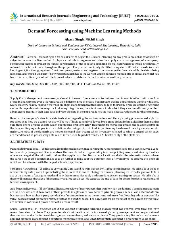 (PDF) IRJET- Demand Forecasting using Machine Learning Methods | IRJET Journal - Academia.edu