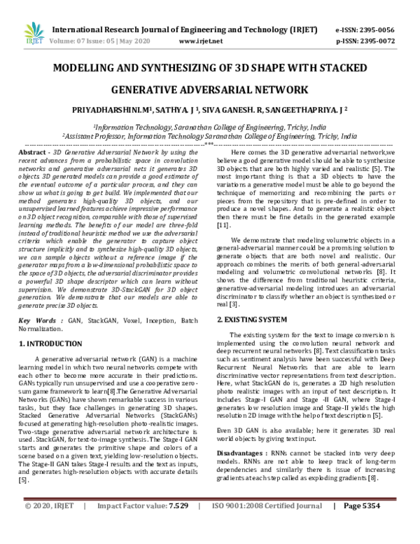 (PDF) IRJET- MODELLING AND SYNTHESIZING OF 3D SHAPE WITH STACKED GENERATIVE ADVERSARIAL NETWORK