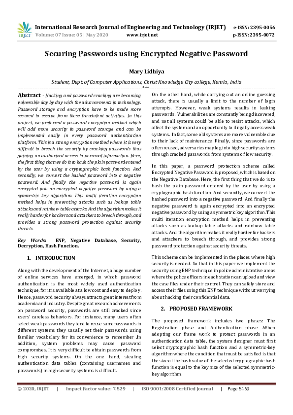 (PDF) IRJET- Securing Passwords using Encrypted Negative Password (PDF) IRJET- Securing Passwords using Encrypted Negative Password