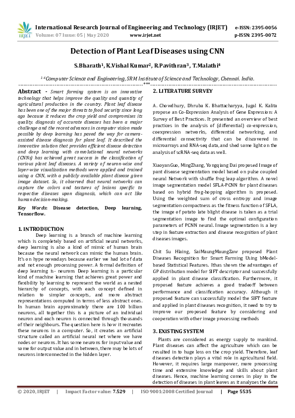 (PDF) IRJET-Detection of plant leaf diseases using CNN (PDF) IRJET-Detection of plant leaf diseases using CNN