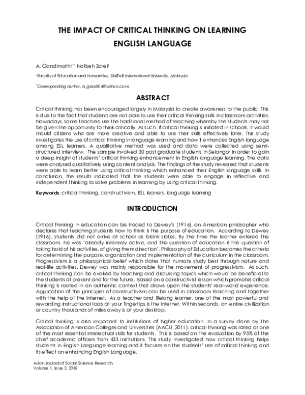 (PDF) THE IMPACT OF CRITICAL THINKING ON LEARNING ENGLISH LANGUAGE