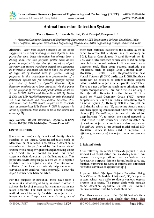 (PDF) IRJET- Animal Incursion Detection System