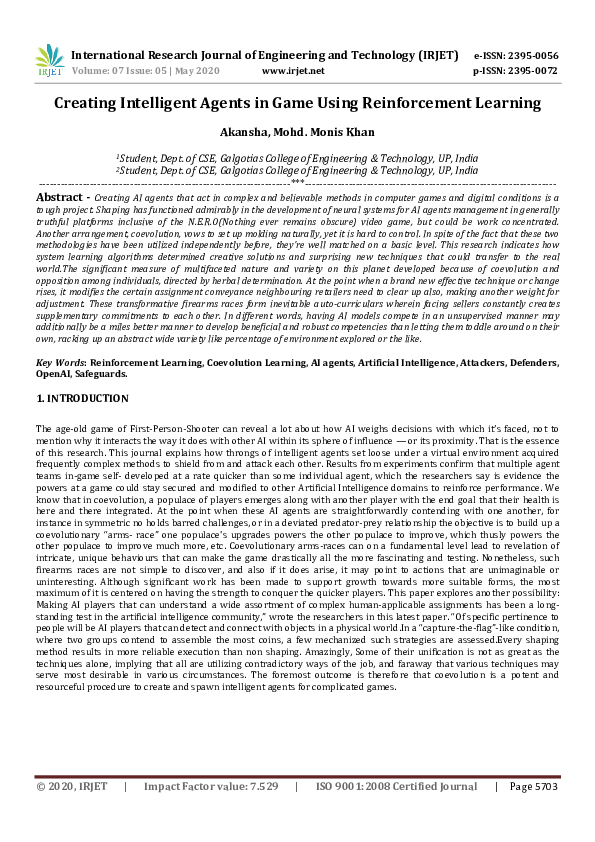 (PDF) IRJET- Creating Intelligent Agents in Game Using Reinforcement ...