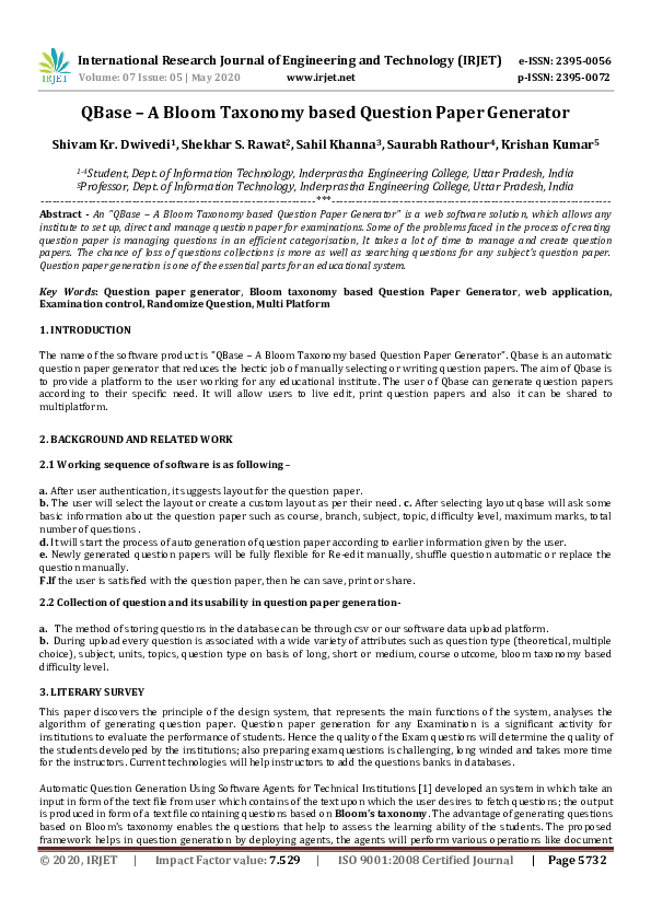 (PDF) QBase -A Bloom Taxonomy based Question Paper Generator