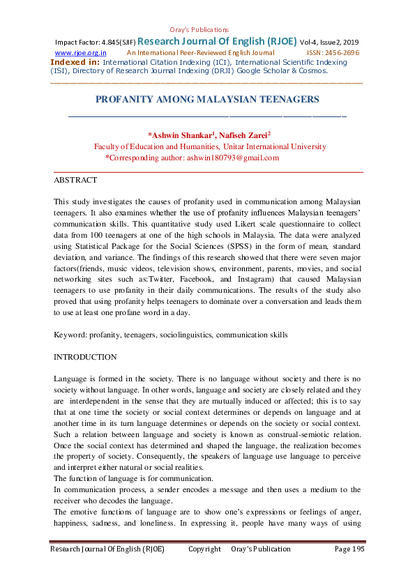 (PDF) PROFANITY AMONG MALAYSIAN TEENAGERS