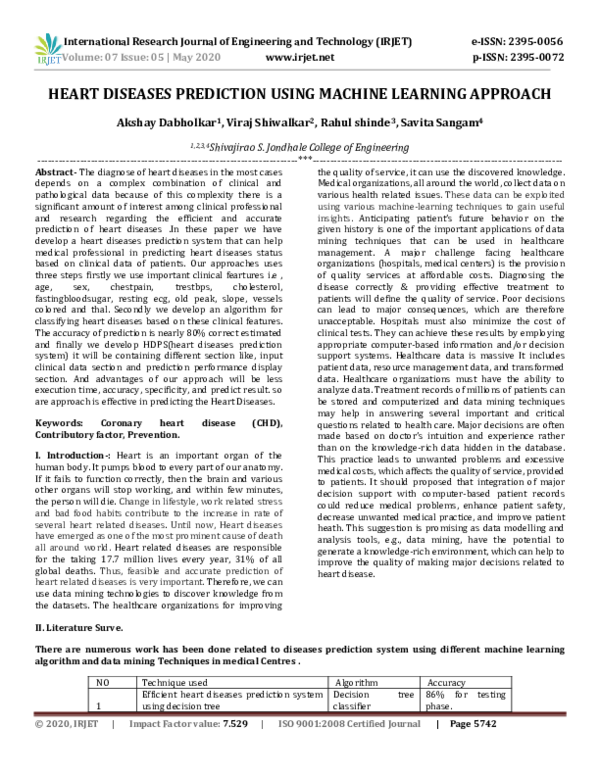 (PDF) IRJET- HEART DISEASES PREDICTION USING MACHINE LEARNING APPROACH