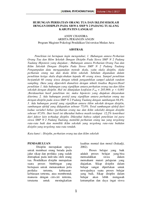 (PDF) HUBUNGAN PERHATIAN ORANG TUA DAN IKLIM SEKOLAH DENGAN DISIPLIN PADA SISWA SMP N 2 PADANG ...