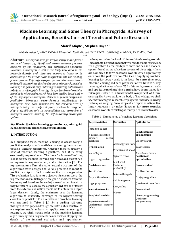 Pdf Irjet Machine Learning And Game Theory In Microgrids A Survey Of Applications Benefits