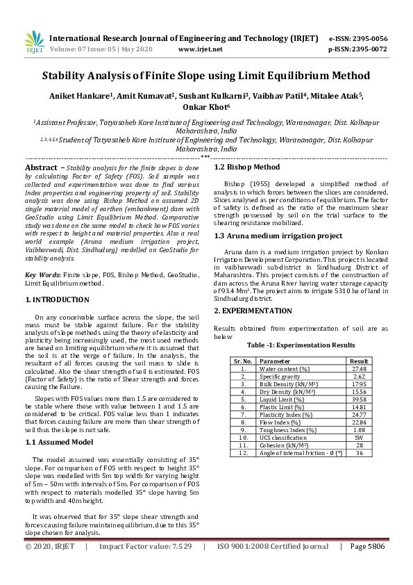 (PDF) IRJET- Stability Analysis of Finite Slope using Limit Equilibrium Method