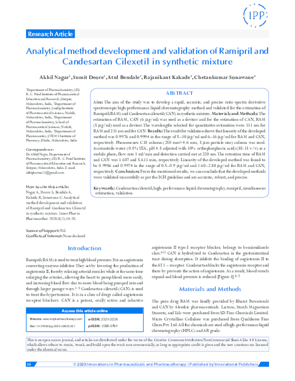 (PDF) Analytical method development and validation of Ramipril and Candesartan Cilexetil in ...