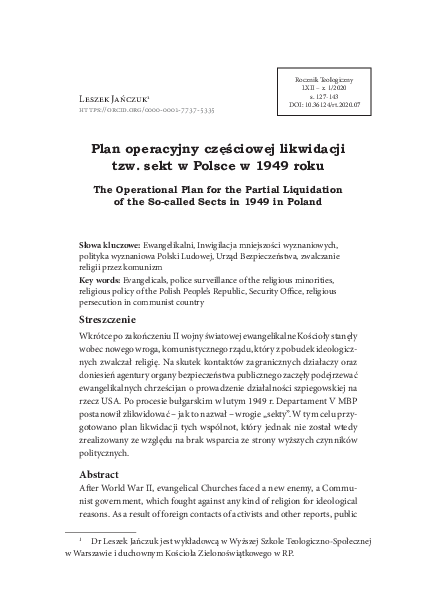 (PDF) Plan operacyjny częściowej likwidacji tzw. sekt w Polsce w 1949 roku