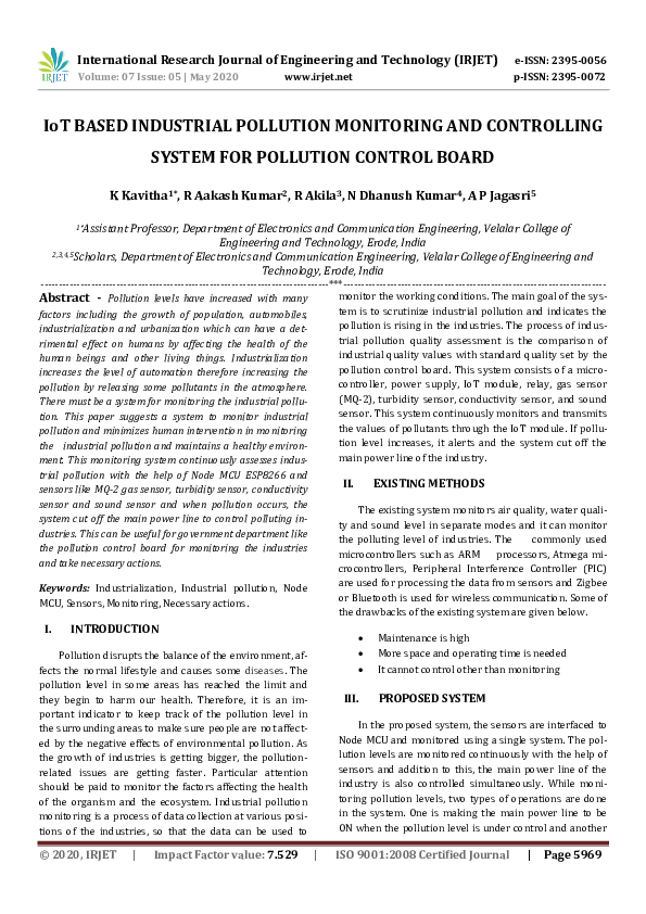 (PDF) IRJET- IoT BASED INDUSTRIAL POLLUTION MONITORING AND CONTROLLING ...