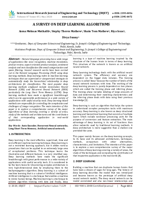 (PDF) IRJET- A SURVEY ON DEEP LEARNING ALGORITHMS