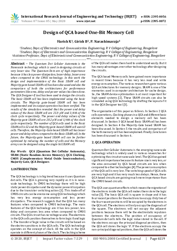 (PDF) IRJET- Design of QCA based One-Bit Memory Cell