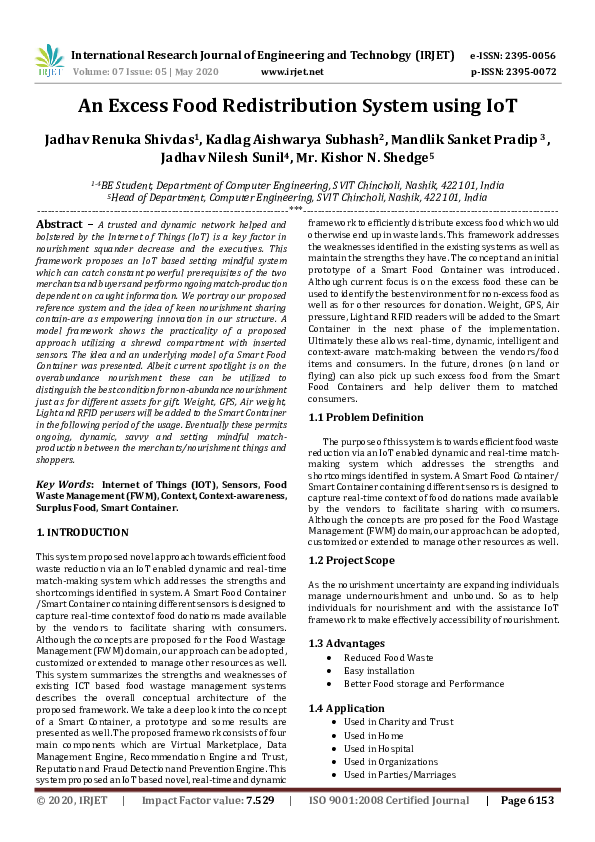 (PDF) IRJET- An Excess Food Redistribution System using IoT