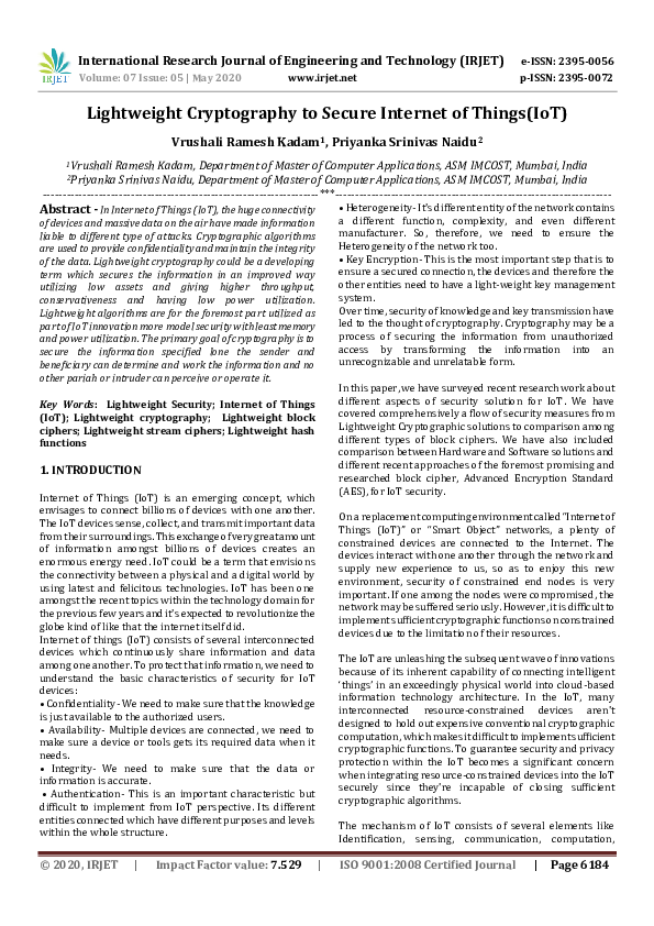 (PDF) Lightweight Cryptography to Secure Internet of Things(IoT