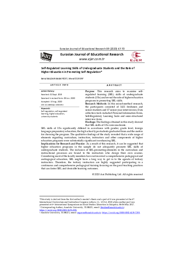 (PDF) Self-Regulated Learning Skills of Undergraduate Students and the Role of Higher Education ...
