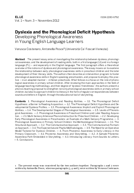 (PDF) Dyslexia and the Phonological Deficit Hypothesis Developing ...