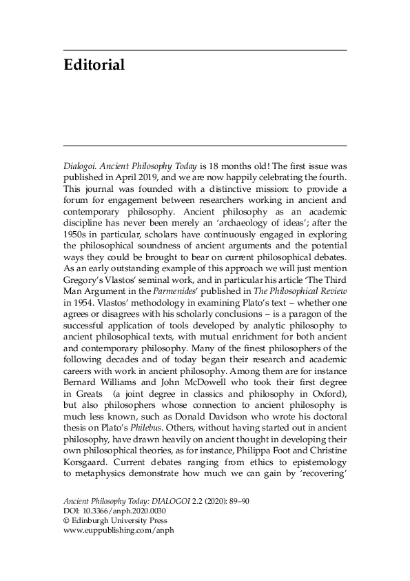 (PDF) Ancient Philosophy Today: Dialogoi. Editorial, vol 2 issue 2 ...