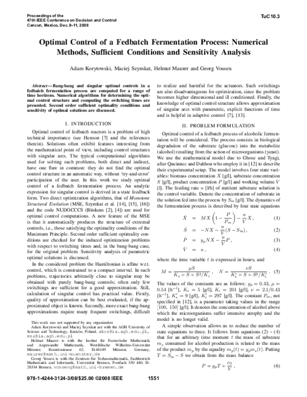 (PDF) Optimal control of a fedbatch fermentation process: Numerical methods, sufficient ...