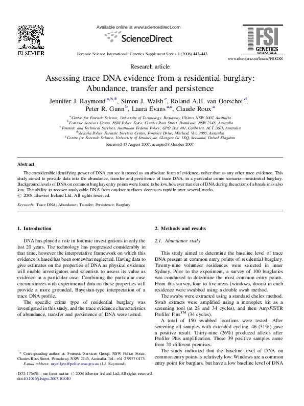 (PDF) Assessing trace DNA evidence from a residential burglary: Abundance, transfer and persistence