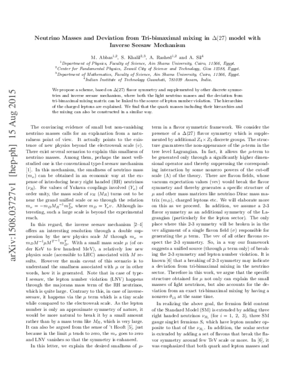 (PDF) Neutrino Masses and Deviation from Tri-bimaximal mixing in ∆(27 ...