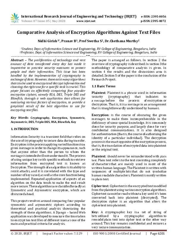(PDF) IRJET-Comparative Analysis of Encryption Algorithms Against Text Files