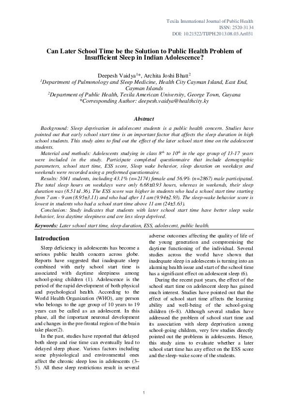 (PDF) Can Later School Time be the Solution to Public Health Problem of ...