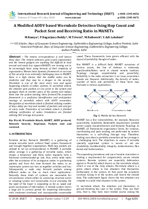 Pdf Irjet A Modified Aodv Based Wormhole Detection Using Hop Count And Packet Sent And