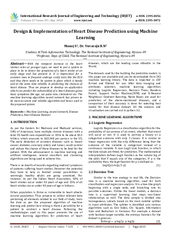 (PDF) IRJET-Design & Implementation of Heart Disease Prediction using ...