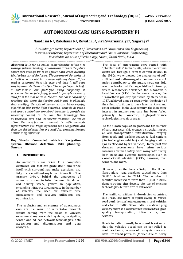 (PDF) IRJET- AUTONOMOUS CARS USING RASPBERRY Pi
