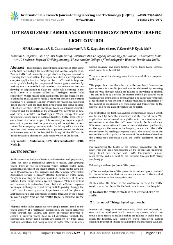 (PDF) IRJET- IOT BASED SMART AMBULANCE MONITORING SYSTEM WITH TRAFFIC ...
