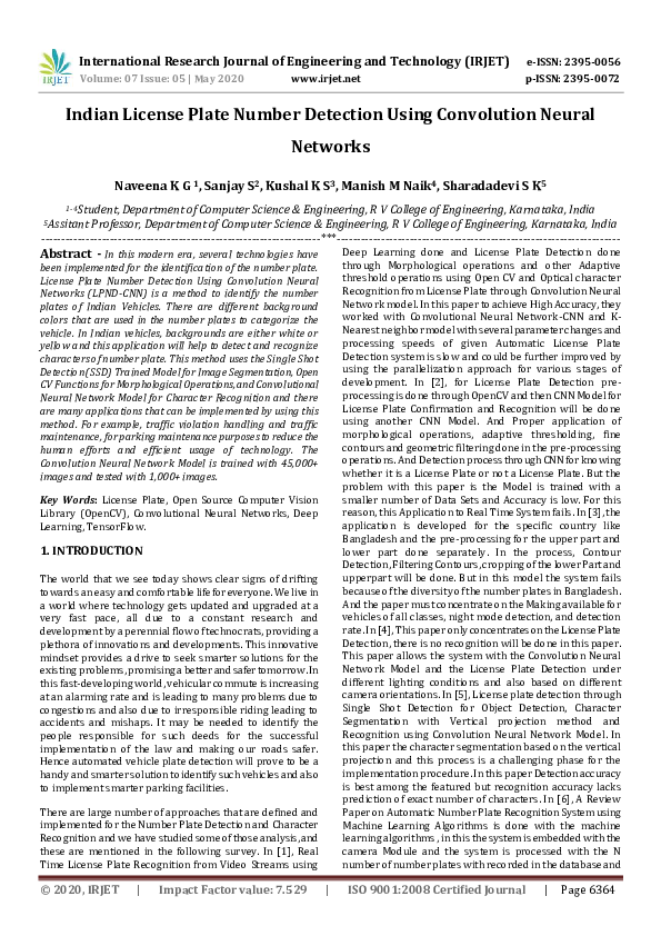 (PDF) IRJET- Indian License Plate Number Detection Using Convolution Neural Networks | IRJET ...