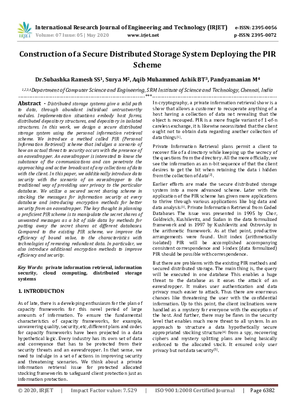 (PDF) IRJET- Construction of a Secure Distributed Storage System Deploying the PIR Scheme