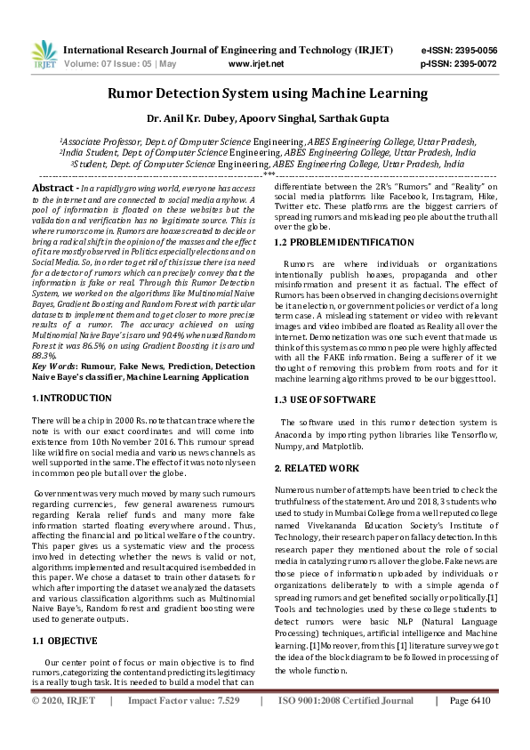 (PDF) IRJET- Rumor Detection System using Machine Learning