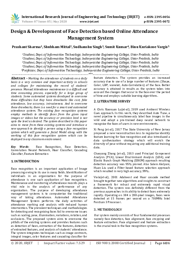 Pdf Irjet Design And Development Of Face Detection Based Online Attendance Management System