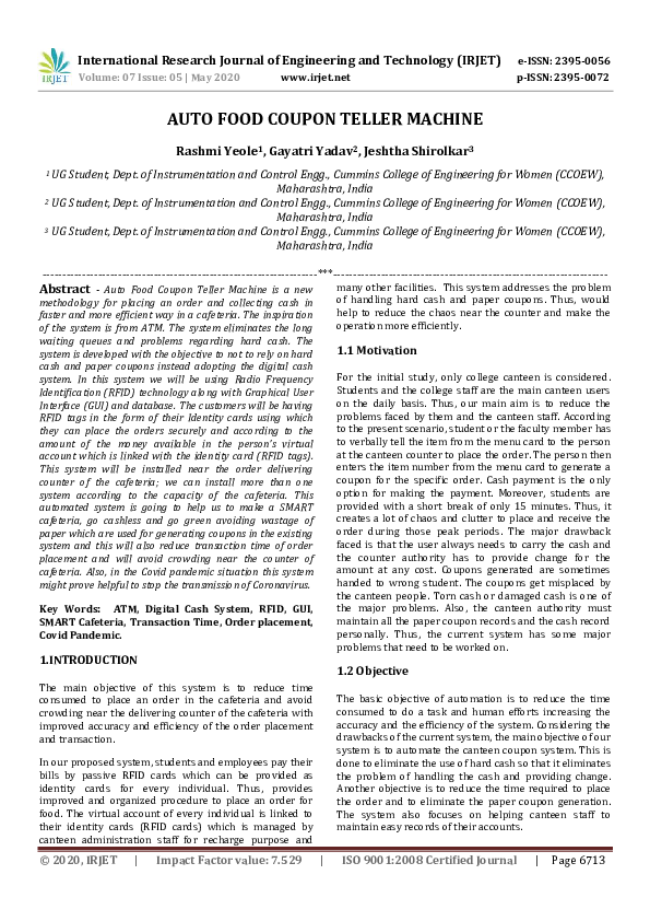 (PDF) IRJET- AUTO FOOD COUPON TELLER MACHINE