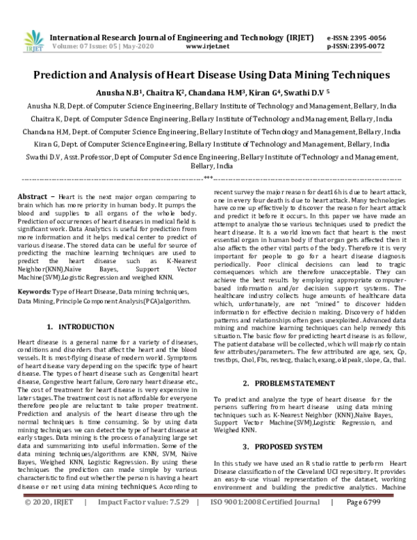 Pdf Irjet Prediction And Analysis Of Heart Disease Using Data Mining