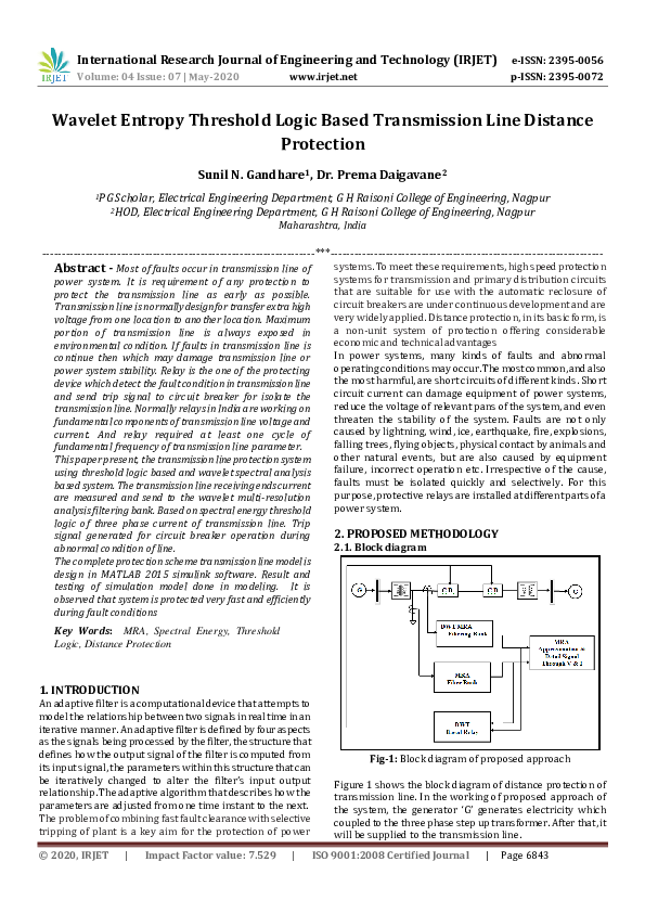 (PDF) IRJET- Wavelet Entropy Threshold Logic Based Transmission Line Distance Protection