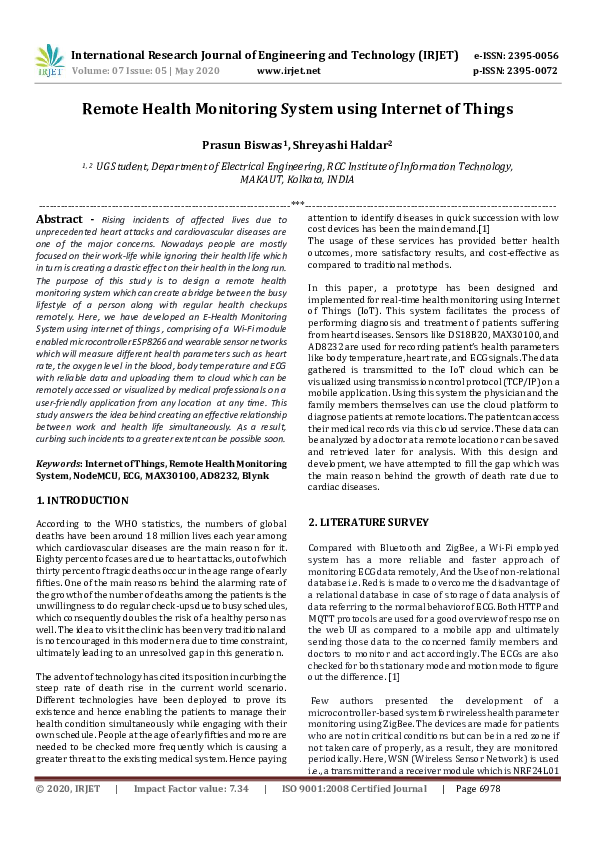 Pdf Irjet Remote Health Monitoring System Using Internet Of Things