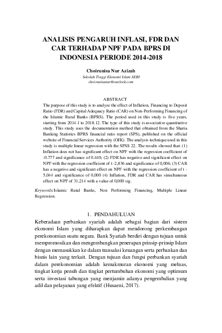 (PDF) ANALISIS PENGARUH INFLASI, FDR DAN CAR TERHADAP NPF PADA BPRS DI INDONESIA PERIODE 2014-2018