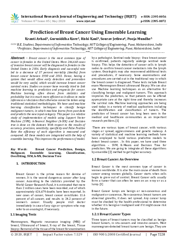 (PDF) IRJET- Prediction of Breast Cancer Using Ensemble Learning