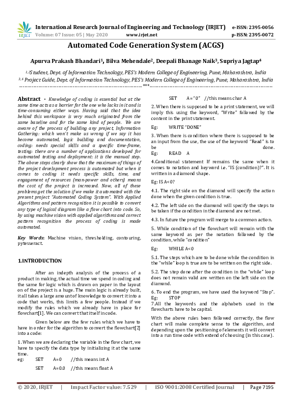 (PDF) IRJET- Automated Code Generation System (ACGS
