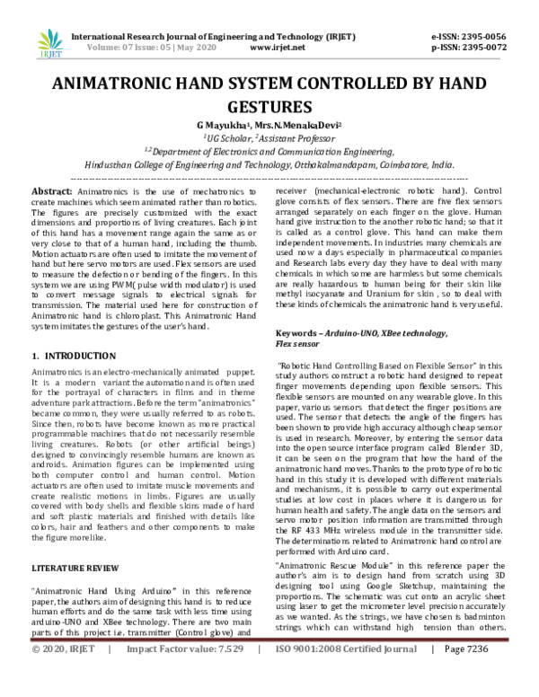 (PDF) IRJET- ANIMATRONIC HAND SYSTEM CONTROLLED BY HAND GESTURES