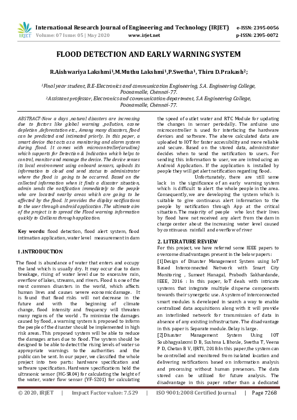 Pdf Irjet Flood Detection And Early Warning System
